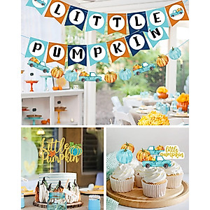 Mosailles Little Pumpkin Decorations Baby Shower Blue Pumpkin Banner Garland Gold Glittery Pumpkin Cake Toppers Latex Balloons for Fall Birthday Thanksgiving Party Decorations Supplies