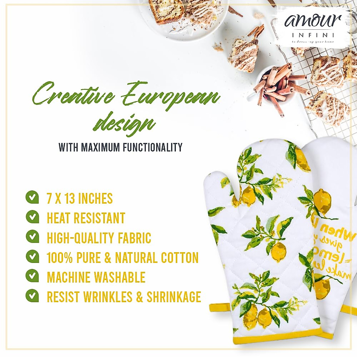 AMOUR INFINI Pot Holders, Oven Mitt and Kitchen Towel Heat Resistant 5-Piece Cotton Kitchen Set Perfect for Cooking, Baking, and Grilling Easter Gift Set (Citrus Splash)
