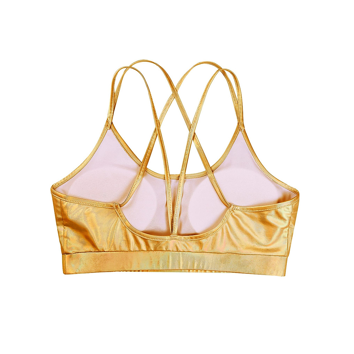Freebily Women's Shiny Metallic Crop Top for Raves Dance Music Festivals Sports Bra Crisscross Back Workout Yoga Bra Gold Medium