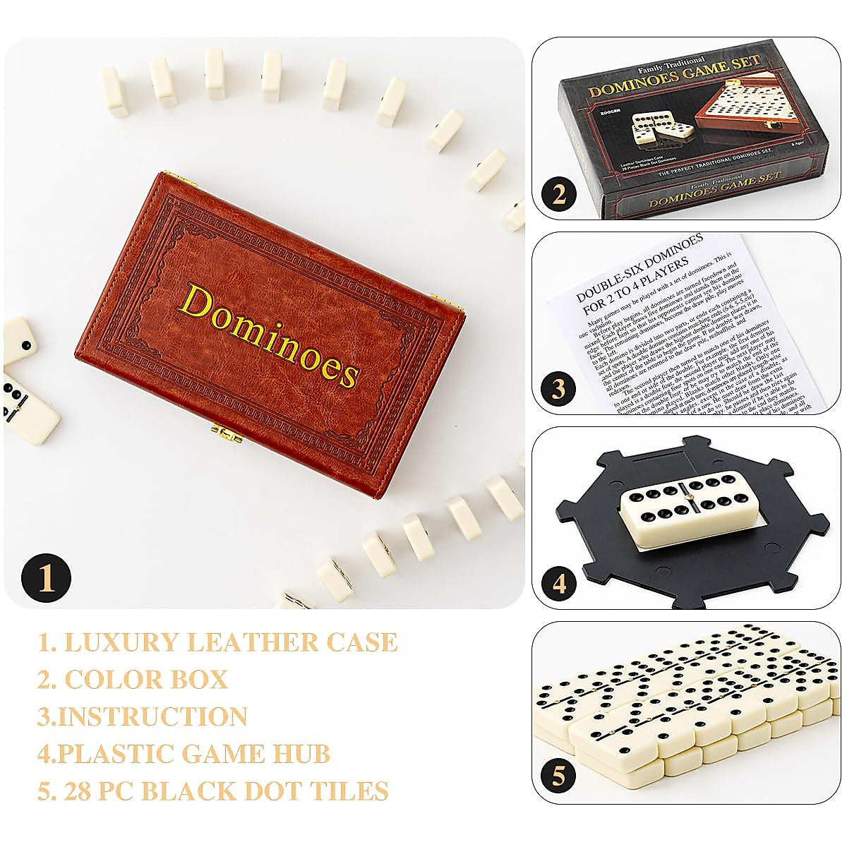 ZOOCEN Double 6 Dominoes Set in Leatherette Case (28 Tiles with Spinner), Ivory