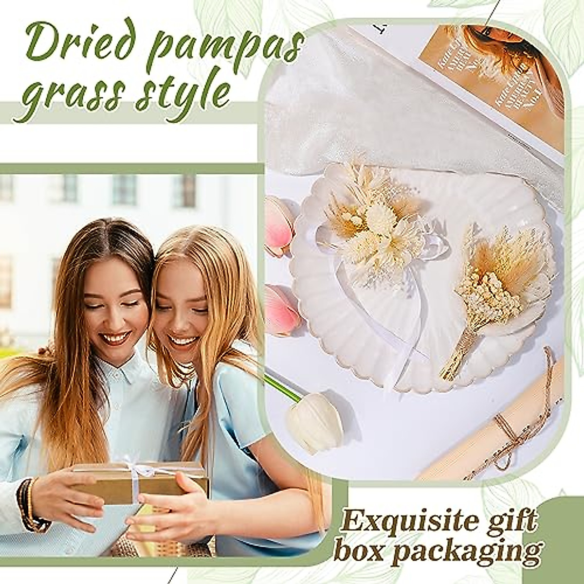 Wrist Corsage and Boutonniere Set, Boho Pampas Bouquet for Wedding Men Women Groom Bride Prom Anniversary Flowers Decoration (2 Pcs)