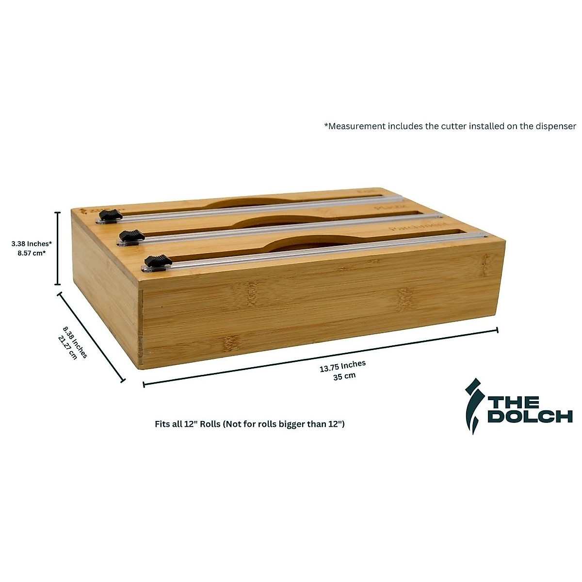 The Dolch 3 in 1 Wrap Dispenser with Cutter - Plastic Wrap Aluminum Foil and Wax Paper Organizer for Kitchen Drawer or Wall - Handy Bamboo Box for Storage - Holder Organizes Rolls -12" Roll Compatible