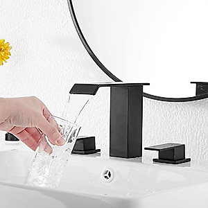Waterfall Bathroom Faucet Matte Black Widespread GGStudy 3 Holes 2 Handle Black Modern Bathroom Sink Faucet with Pop Up Drain