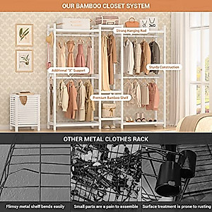 Hoiplu Bamboo Closet System Clothing Rack for Hanging Clothes, Large Garment Rack with Shelves and 5 Rods, 70”W x 77”H Heavy Duty Freestanding Clothes Rack Organizer for Wall-in Closet Bedroom, White