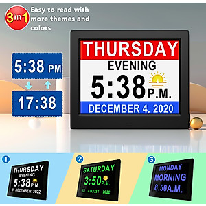 【Upgraded】 Dementia Clock 2.0 with Auto DST, Large 8" Display, 19 Alarms, DIY Custom Reminders,10 Auto-Dim Options, Non-Abbreviated Digital Clock for Elderly, Memory Function (8 Inch with Remote)