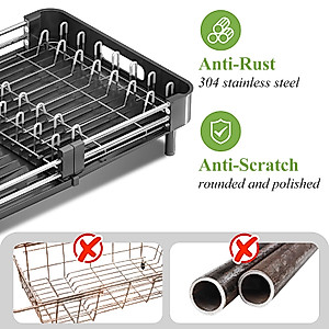 Dish Drying Rack, Kitchen Counter Dish Drainers Rack, Auto-Drain Expandable(13.2"-19.7") Stainless Steel Large Strainers Over Sink Drying Rack Drainboard with Utensil Holder Caddy Organizer, Grey