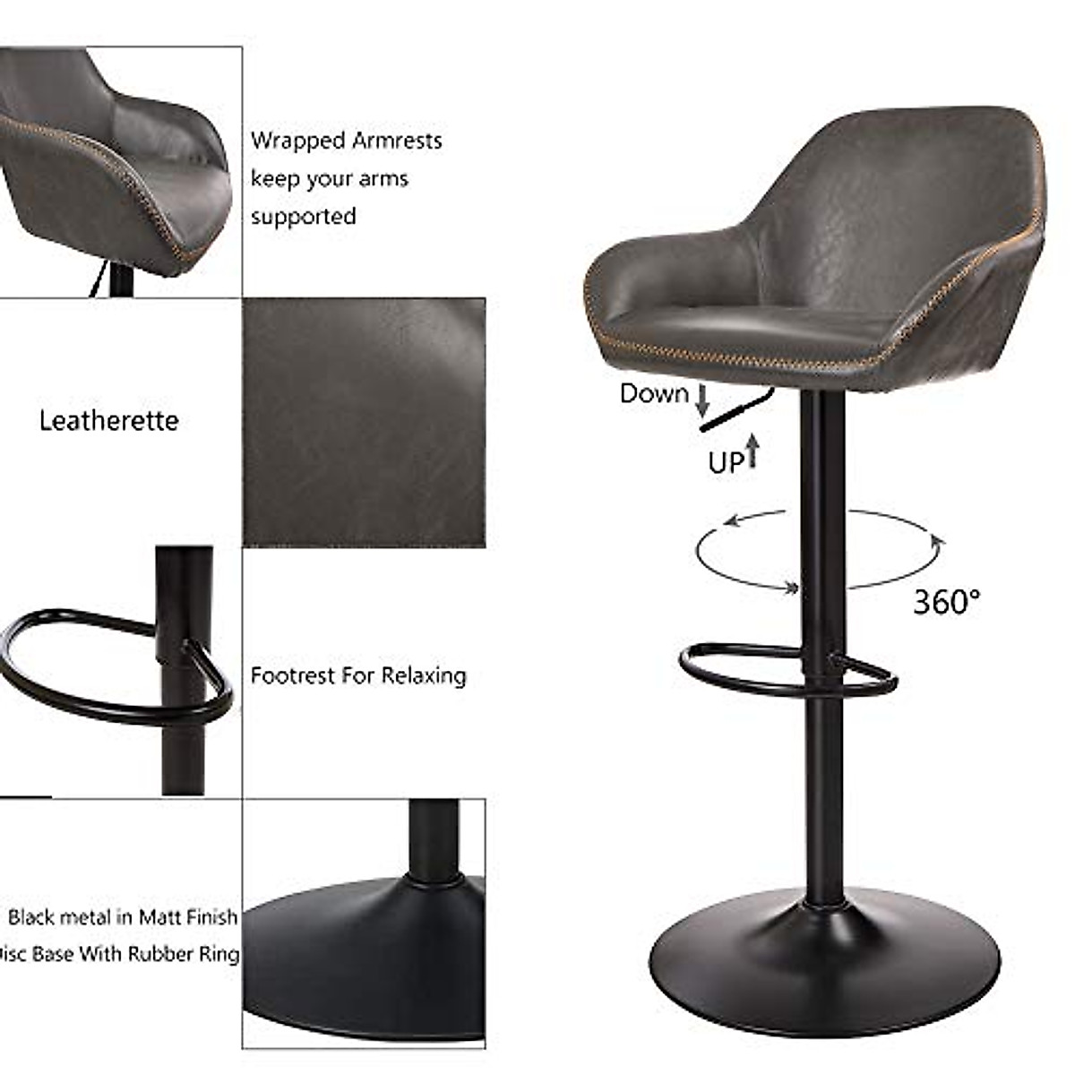 glitzhome Mid Century Bar Stools Set of 2 Vintage Swivel Leather Adjustable Bar Chair with Backrest and Footrest, Modern Pub Kitchen Counter Height Barstools, Dark Grey