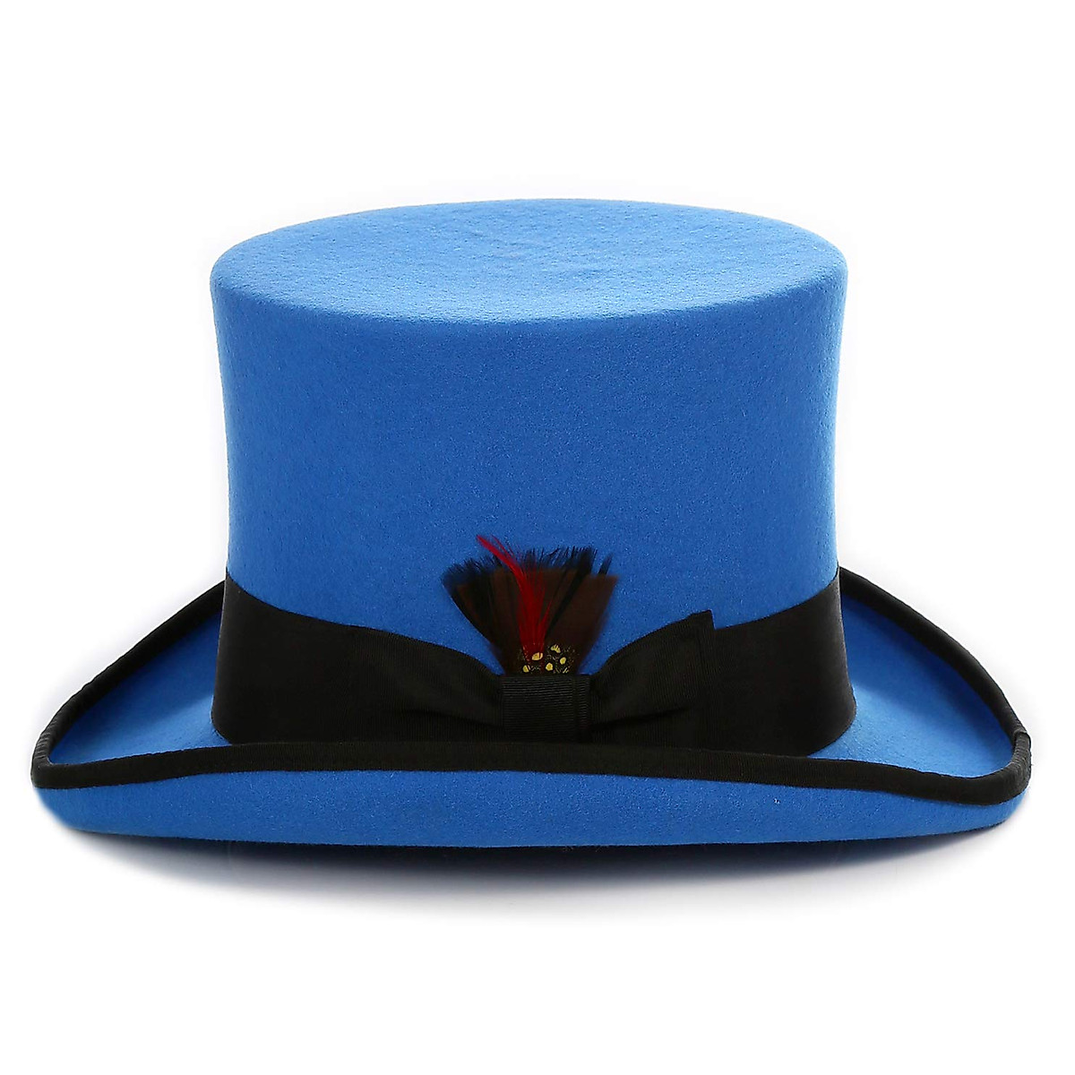 Ferrecci 100% Wool Top Hat with Grosgrain Ribbon and Removable Feather Blue/Black Tall Tophat - Unisex, Men, Women