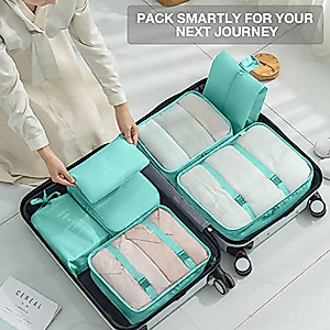 8 Set Packing Cubes for Suitcases,Packing Cubes with Shoe Bag, Cosmetics Bag, Clothing Bag, Accessories Bags Packing Cubes for Travel Luggage Organizer Women Men(Blue-Green)