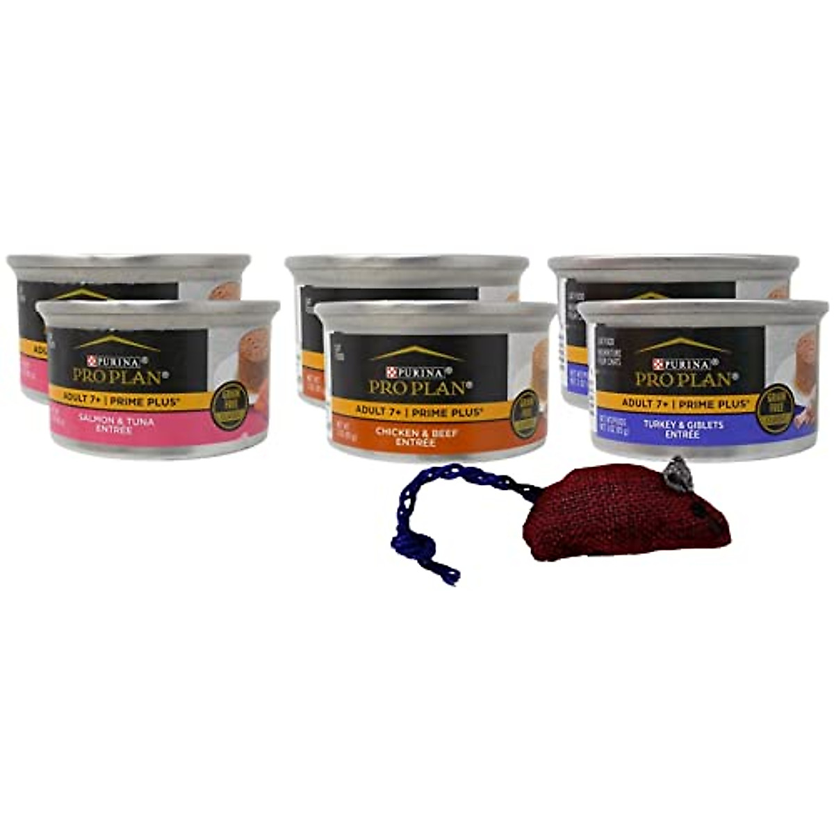 Purina Pro Plan Prime Plus Senior Wet Cat Food Entree 3 Flavor Sampler 6 Can Sampler, (2) Each: Salmon Tuna, Turkey Giblets, Chicken Beef (3 Ounces), Plus Spot Catnip Toy Bundle