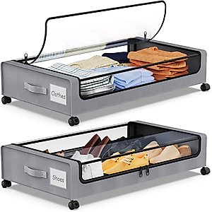 YAASHEEN Under Bed Storage with Wheels, 2Pack Under Bed Storage Containers,Under Bed Shoe Storage Organizer with Clear Window&Label,Rolling Under Bed Storage Metal Drawer for Clothes,Shoes,Toys