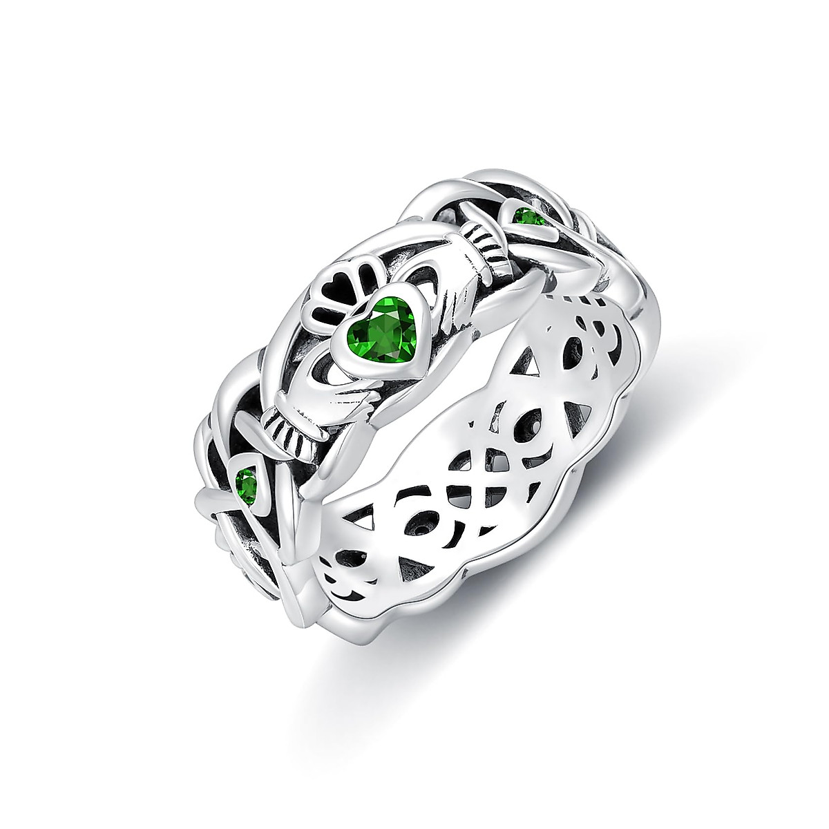 Seiyang Claddagh Ring for Women Sterling Silver Claddagh Birthstone Ring Irish band (Emerald, 8)