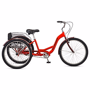 Schwinn Meridian Adult Tricycle Bike, Mens and Womens Three Wheel Beach Cruiser, 26-Inch Wheels, Low Step-Through Frame, Wide Seat, Rear Folding Basket, 1-Speed, Red