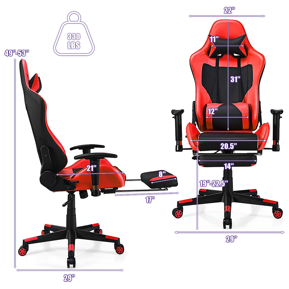 POWERSTONE Gaming Chair - Ergonomic Gaming Chair with Footrest for Women Racing Esports Computer Chair High-Back Massage Leather Recliner Rolling Swivel Chair (Red)