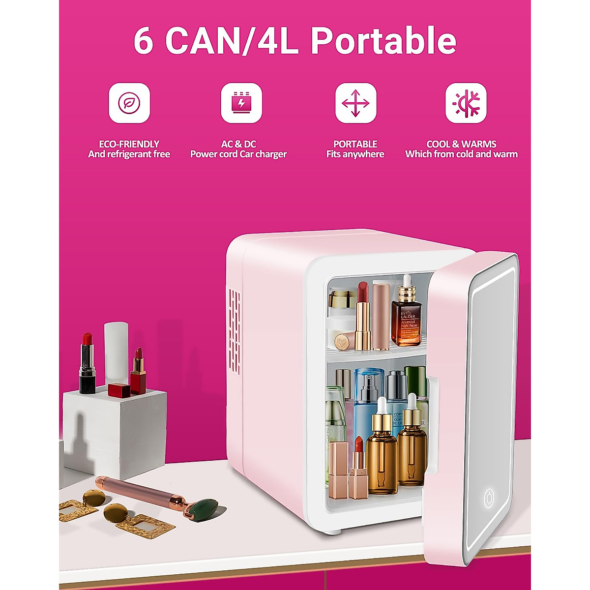 NISHCON Skincare Fridge with Dimmable LED Light Mirror, 4L/6Can Cooler Warmer Mini Fridge for Skin care Cosmetic Makeup Beauty, Portable Mini Skincare Fridge for Bedroom Dorm Office Rv and Car, Pink