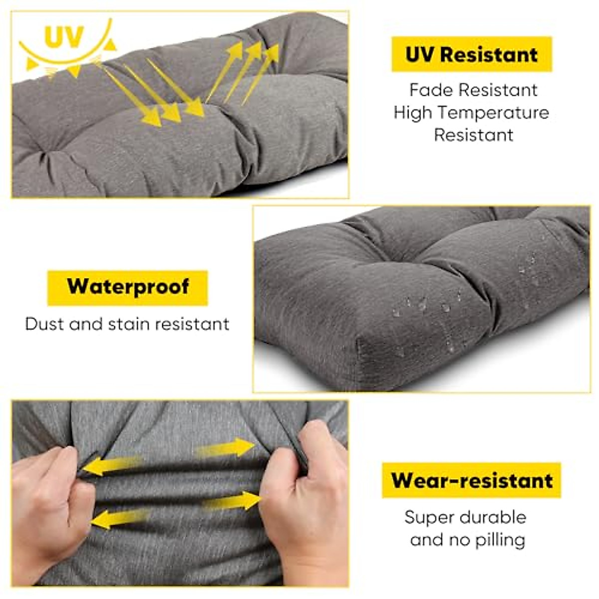 Millsilo Outdoor Bench Cushion, Indoor Tufted Memory Foam Furniture Cushions, Water Resistant Patio Bench Cushions, Non Slip Thicken Garden Settee Kitchen Dining Seat Pads 42x16x4 in, Heather Grey