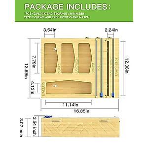 Uamector Bag Storage Organizer for Kitchen Drawer, 100% Natural Bamboo 6 in 1 Bamboo Foil and Plastic Wrap with Cutter, Storage Bag Organizers