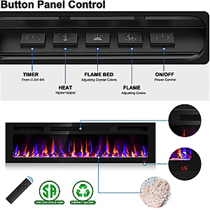 60 Inch Electric Fireplace Recessed and Wall Mounted, Fireplace Heater and Linear Fireplace, Ultra-Thin Electric Fireplace, Low Noise, with Timer, Remote Control, Adjustable 12 Flame Color, 750/1500W