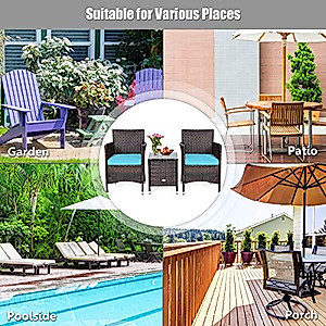 HAPPYGRILL 3-Pieces Patio Furniture Set Outdoor Rattan Wicker Conversation Set with Coffee Table Chairs & Cushions for Patio Garden Lawn Backyard Poolside