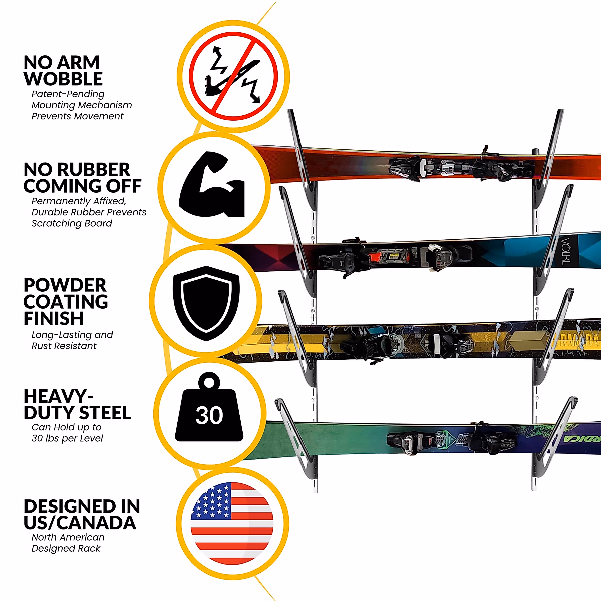 SteelChimp Ski Storage Rack for Garage | 4-Tier Horizontal Ski Rack and Indoor Garage Organizer | Anti-Sway Patent-Pending Arm Wall Mount | USA Designed