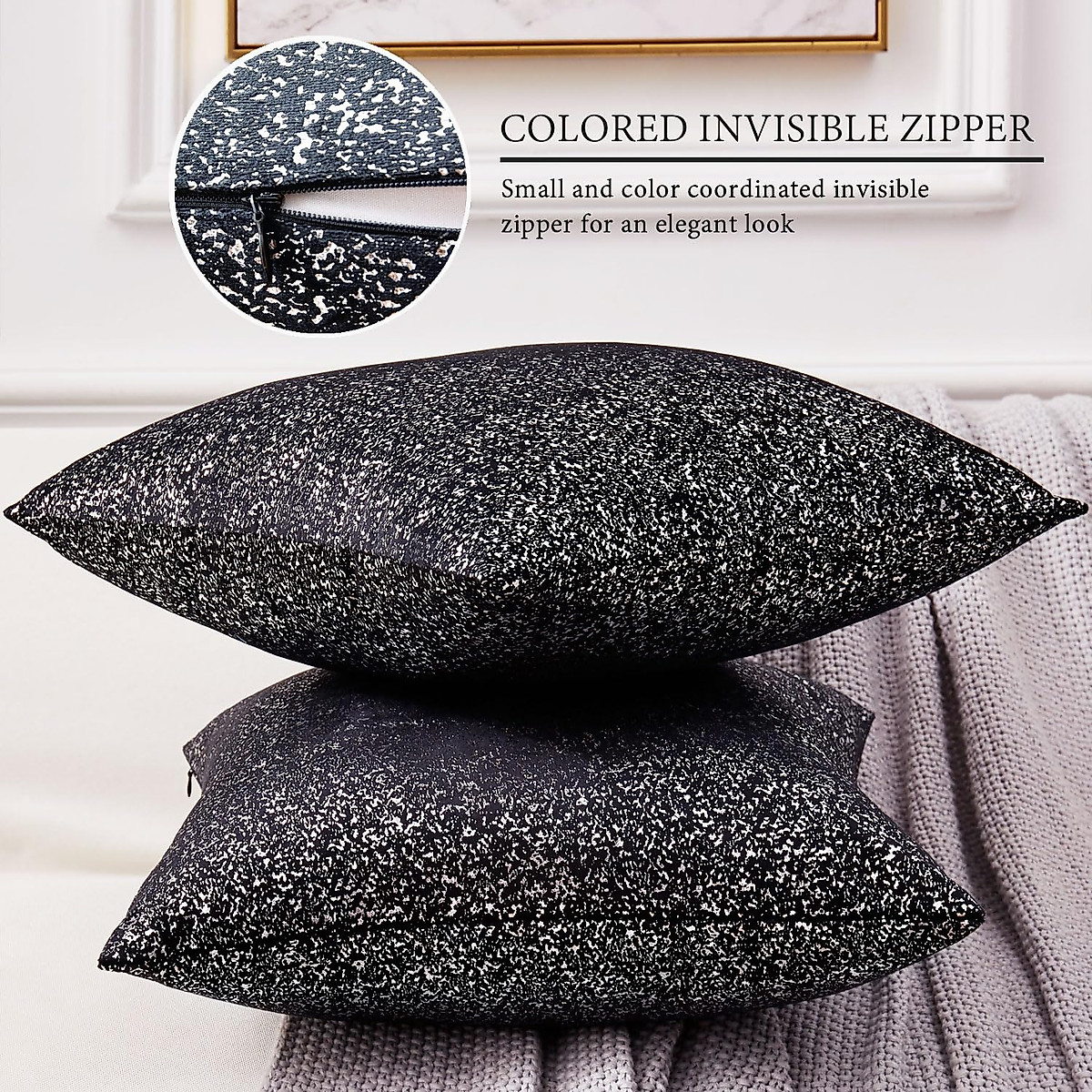 EUCIOR Black and Silver Pillow Covers,Black Pillow Covers 24x24,Light Silver Pillows Both Sides Sparkle Silver Foil Print,Decor Soft Velvet Hidden Zipper Closure Accent Pillows Set of 2