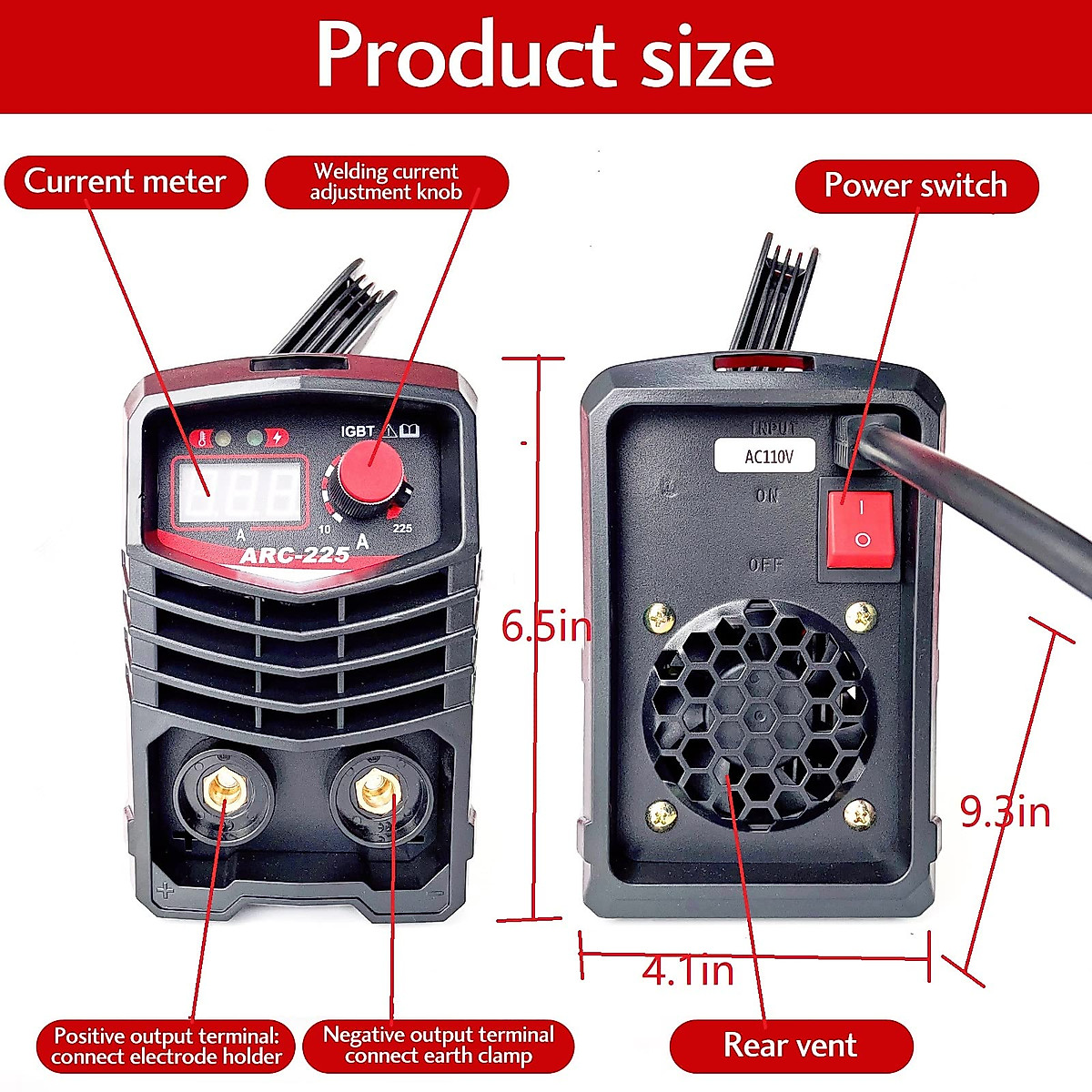 Mini Welding Machine 110V Plug, 225A Stick ARC Welder Machine IGBT Digital Smart VRD Hot Start with Wire、Tongs, Ground Wire, Clip, Mask and Gloves.fits Below 3.2mm Welding rods