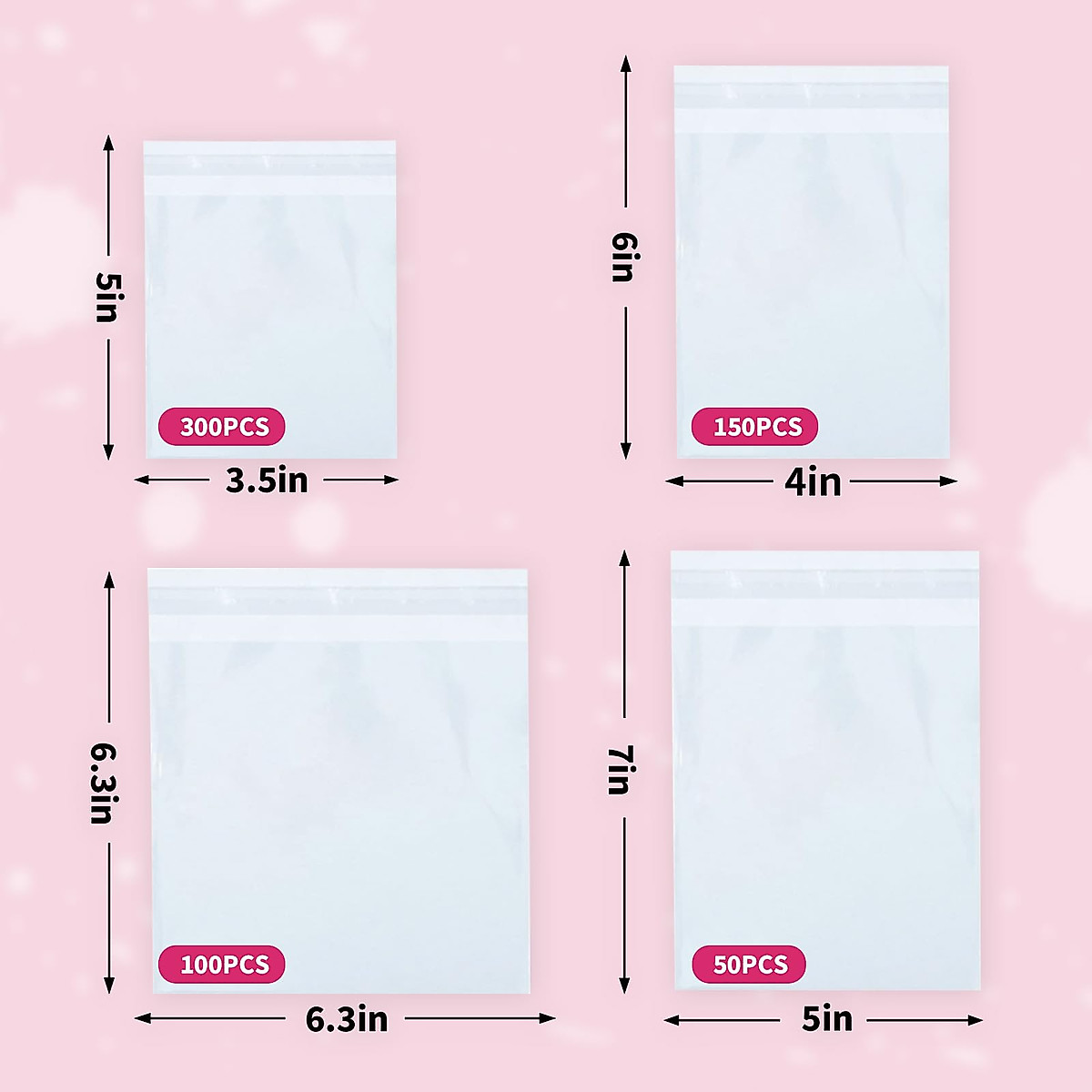 600PCS Clear Resealable Self Adhesive Cello Bags with 4 Sizes 3.5×5, 4×6, 5×7, 6.3×6.3 inch Great for Packaging Cookies, Bakery, Candies, Dessert