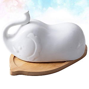 DOITOOL White Ceramic Elephant Butter Dish with Lid for Countertop or Fridge, Covered Butter Dish With Handle and Bamboo Tray, Butter Keeper for Counter