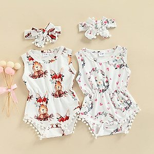 Dcohmch Easter One-Piece Outfits Newborn Baby Girl Sleeveless Cute Rabbit Printed Romper Bodysuit Bunny Print Clothes 0-12M