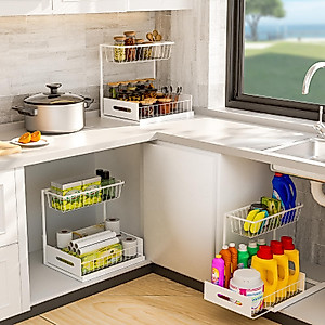 XUNAXI Under Sink Organizer, Metal Pull Out Under Cabinet Organizer and Storage Slide Out Sink Shelf with Hooks 2 Tier Under Sink Organizers and Storage for Kitchen Bathroom Pantry, 1 Pack White