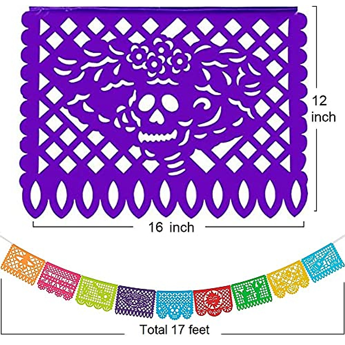 ECOOSTAR 5 Packs 85 Ft Mexican Party Banners, Large Plastic Papel Picado Banner, Mexican Themed Party Decorations For Cino de Mayo, Fiesta Party, Day of The Dead, 85 Feet Long in Total
