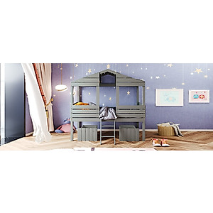 Bellemave House Twin Bed for Kids, Low Loft Bed with 2 Storage Drawers, Twin Size Low Loft House Bed with Roof and Windows, Playhouse Bed for Boys Girls, No Box Spring Needed (Gray)