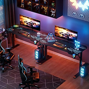 Shahoo Gaming Desk with Full Mouse Pad, Manual Adjustable Height Computer Table with Headphone Hook and Cup Holder, Black, 55 Inch