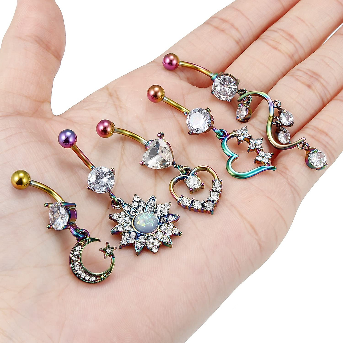 kwoencxi 14G Belly Button Ring for Women Stainless Surgical Steel Long Dangle Curved Hypoallergenic Belly Navel Ring Barbells Bar Belly Piercing Jewelry for Women Colorful 10mm CZ Diamond Gem