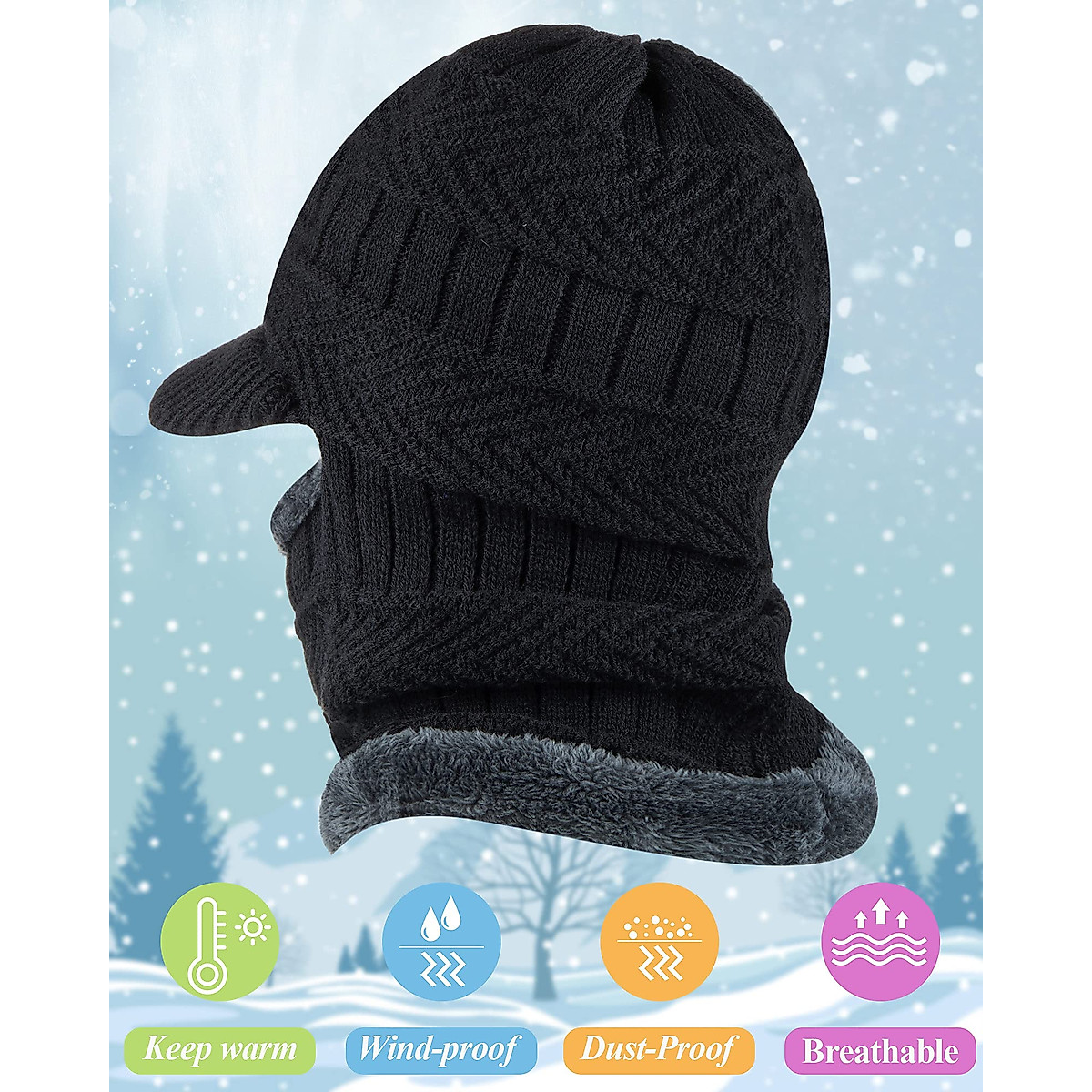 2 Pieces Winter Knitted Balaclava Beanie Hat Warm Cycling Face Covering Winter Neck Warmer Knit Hat Neck Gaiter for Adults Outdoor Sports, Black and Navy Blue