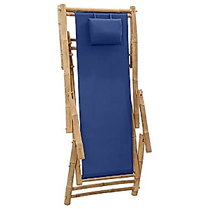 Youuihom Deck Chair Camping Chair Patio Lounge Chair Beach Chairs Garden Chair Bamboo and Canvas Navy Blue Suitable for Balcony, Garden, Patio, Beach, Lawn