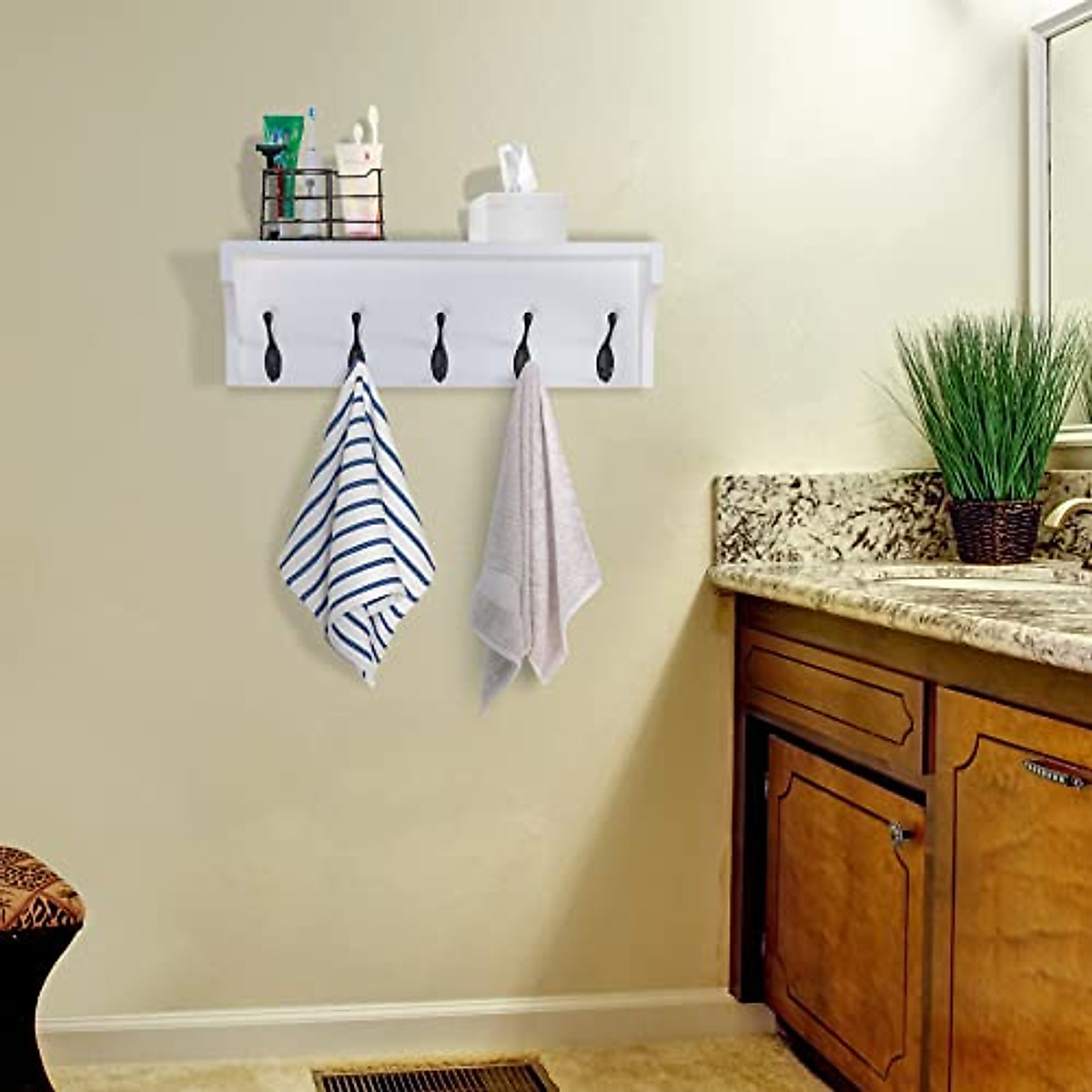 Dseap Wall Shelf with 5 Dual Hooks - 17-inch Heavy Duty Coat Rack Wall Mount with Shelf, Entryway Shelf with Hooks Underneath - Solid Pine Wood - for Entryway, Mudroom, Kitchen, Bathroom, White TEG02B