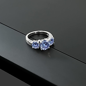 Gem Stone King 925 Sterling Silver Round Blue Moissanite 3 Stone Ring For Women (3.50 Cttw, Available In Size 5, 6, 7, 8, 9)
