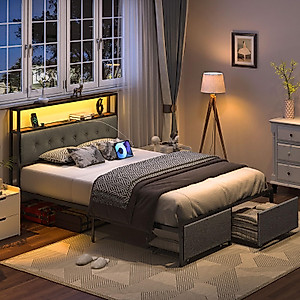 Yoobure Queen Size Bed Frame, Metal Platform Bed Frame Queen Size with Headboard, Noise Free Bed Frames with Storage Drawers, Bedframe with Charging Station LED Light, Heavy Duty, No Box Spring Needed