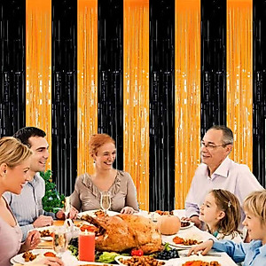 FECEDY 2pcs 3ft x 8.3ft Orange Black Metallic Tinsel Foil Fringe Curtains Photo Booth Props for Halloween Birthday Bridal Shower Baby Shower Bachelorette Holiday Celebration Party Decorations