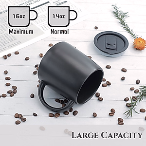 LINVIA Classic Mug, 16 oz Large Coffee Mug with Handle, Ceramic Porcelain Tea Cup, Smooth Matte (Sliding Lid, Black)