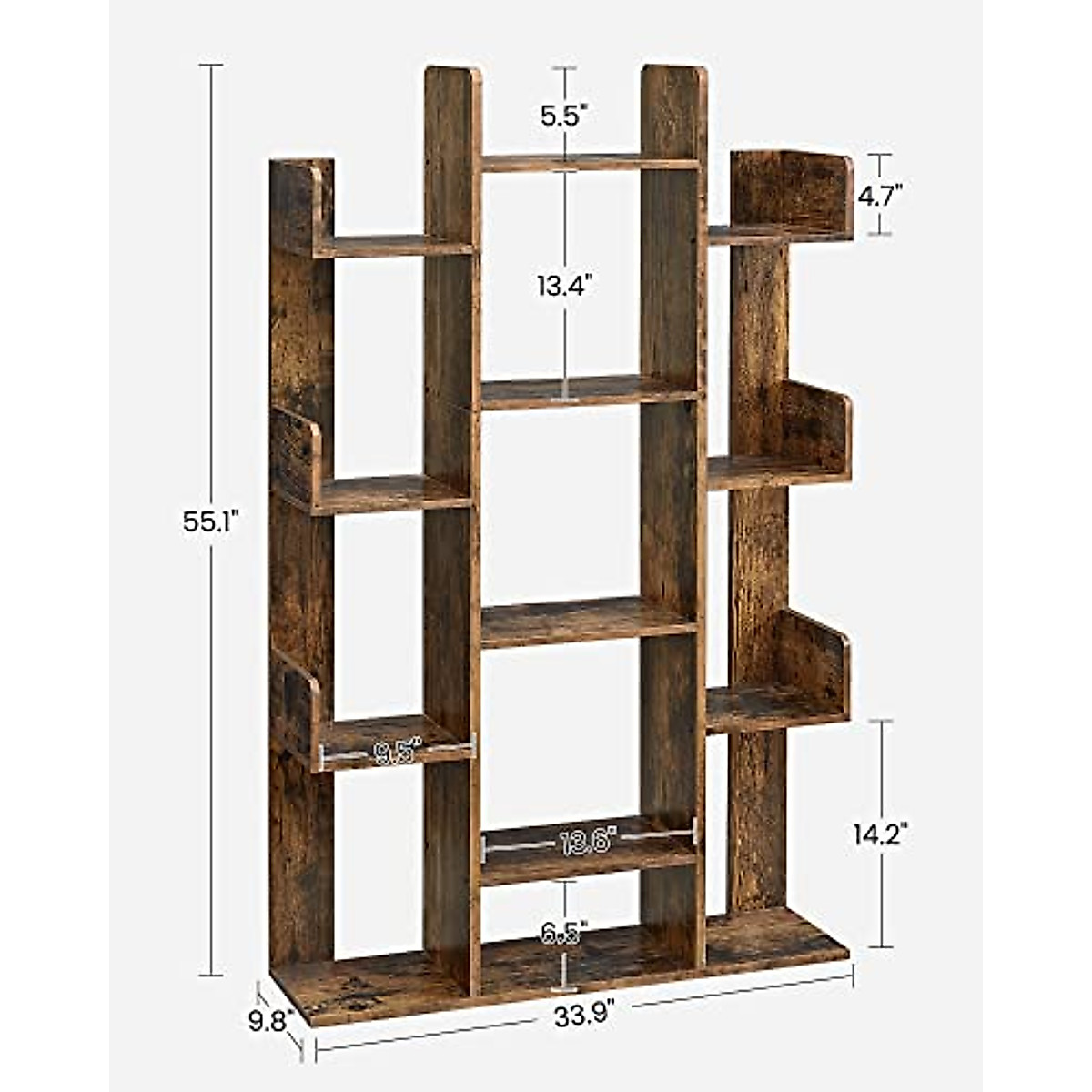 VASAGLE Bookshelf, Tree-Shaped Bookcase with 13 Storage Shelves, Rounded Corners, 9.8”D x 33.9”W x 55.1”H, Rustic Brown ULBC67BXV1