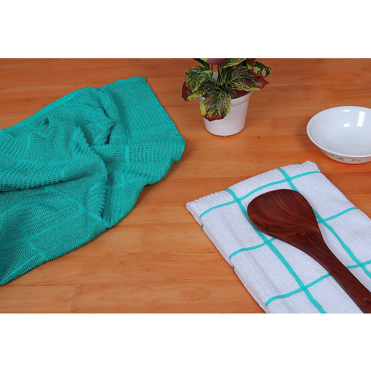 AMOUR INFINI Kitchen Towels Pack of 4 Absorbent, Quick Drying Premium Terry Cotton Dish Towel with Hanging Loop 16x28 Inch Hand & Tea Towels (Teal)