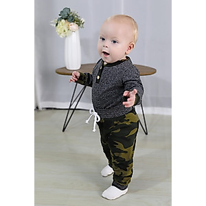 Newborn Baby Boy Fall Clothes Infant Plaid Long Sleeve Button Romper and Pants Set Winter Outfits 0-18 Months (Baby Camouflage Outfits, 3-6 Months)