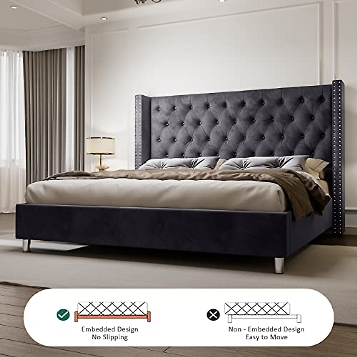 PaPaJet Tufted Upholstered Platform Bed Frame King Size Velvet Low Profile Platform Beds Raised Wingback Headboard with Strong Wooden Slats/Mattress Foundation/Easy Assembly, Dark Grey