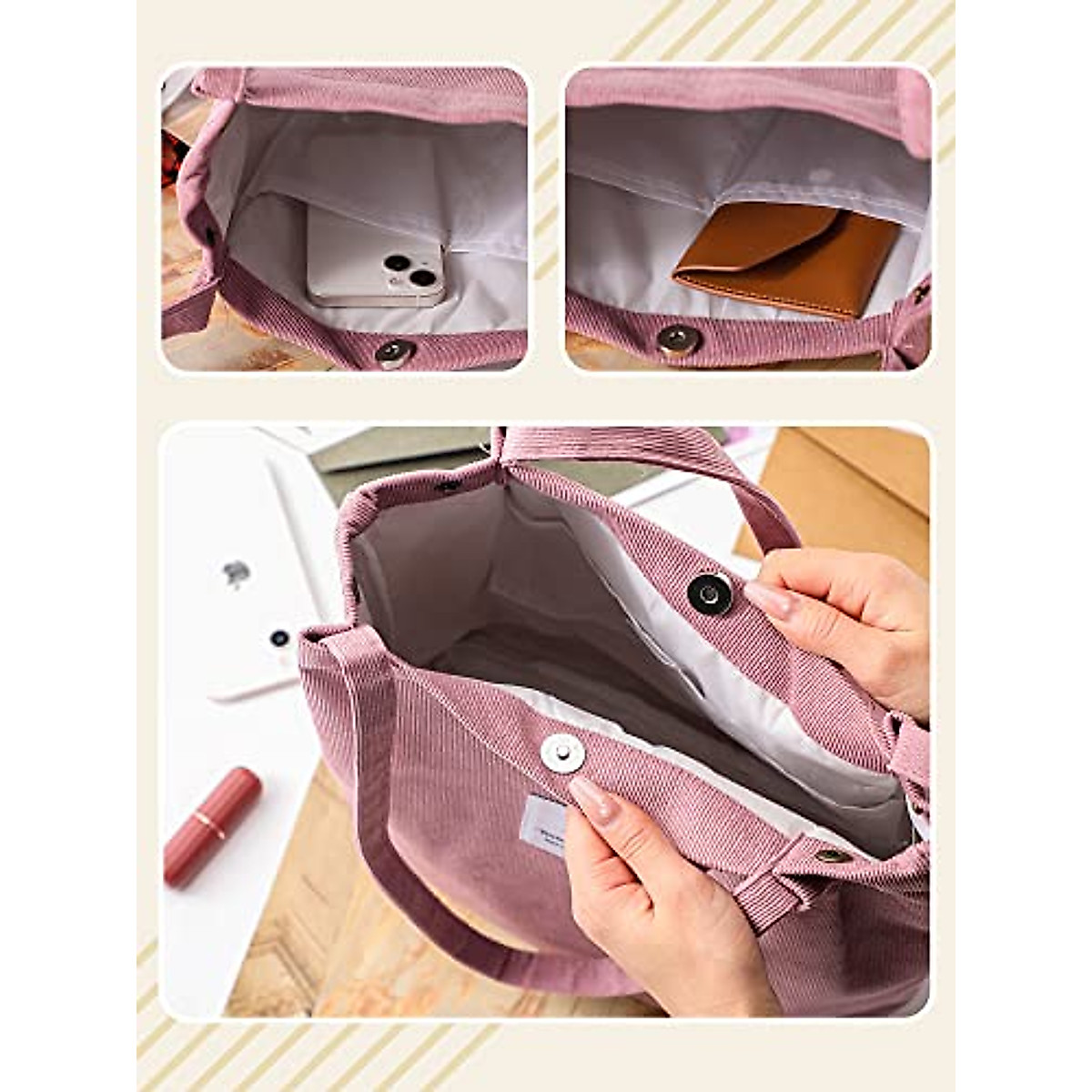 Sweetude 6 Pieces Corduroy Bags for Women Tote Bag with Pockets Corduroy Underarm Bag Women's Shoulder Handbags Big Capacity Shopping Bag