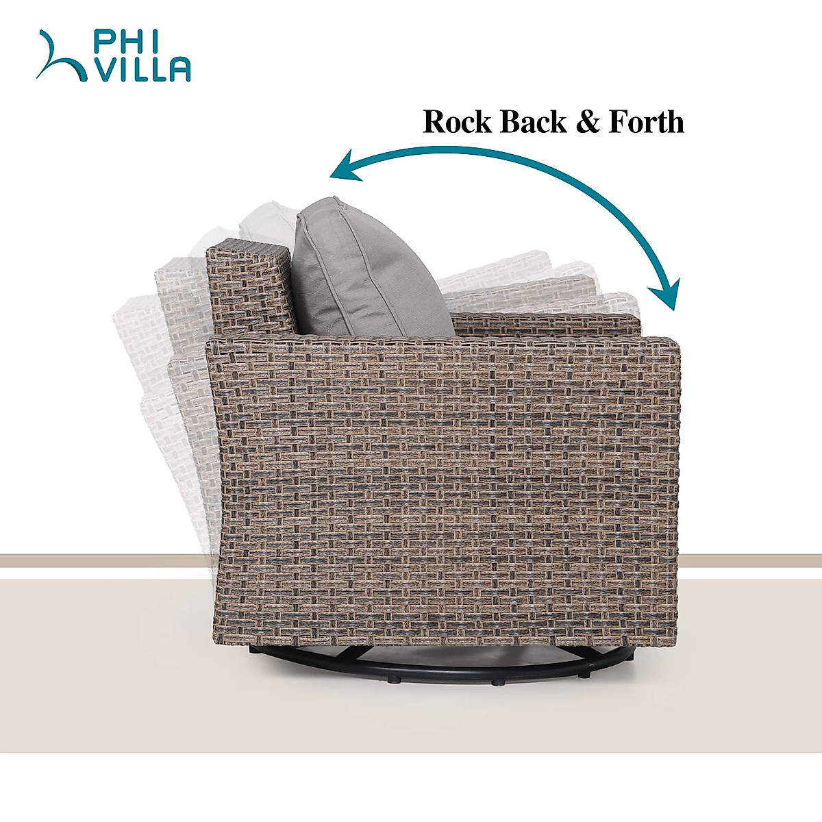 PHI VILLA Outdoor Swivel Rattan Sofa Set of 2, Patio Wicker Sofa Rocking Outdoor Club Chairs with Beige Cushions for Porch Deck Courtyard, Olive Brown