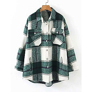 Tanming Womens Brushed Flannel Plaid Lapel Button Short Pocketed Shacket Shirts Coats（01 Green-M）