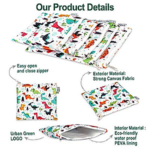 Reusable Sandwich Snack Bags for kids Urban Green, Sandwich bags zipper dishwasher safe, snack pouch bag cloths, Lunch Bags, BPA Free, 5 pack, Dinosaur snack Bags, Toiletry Makeup Bag