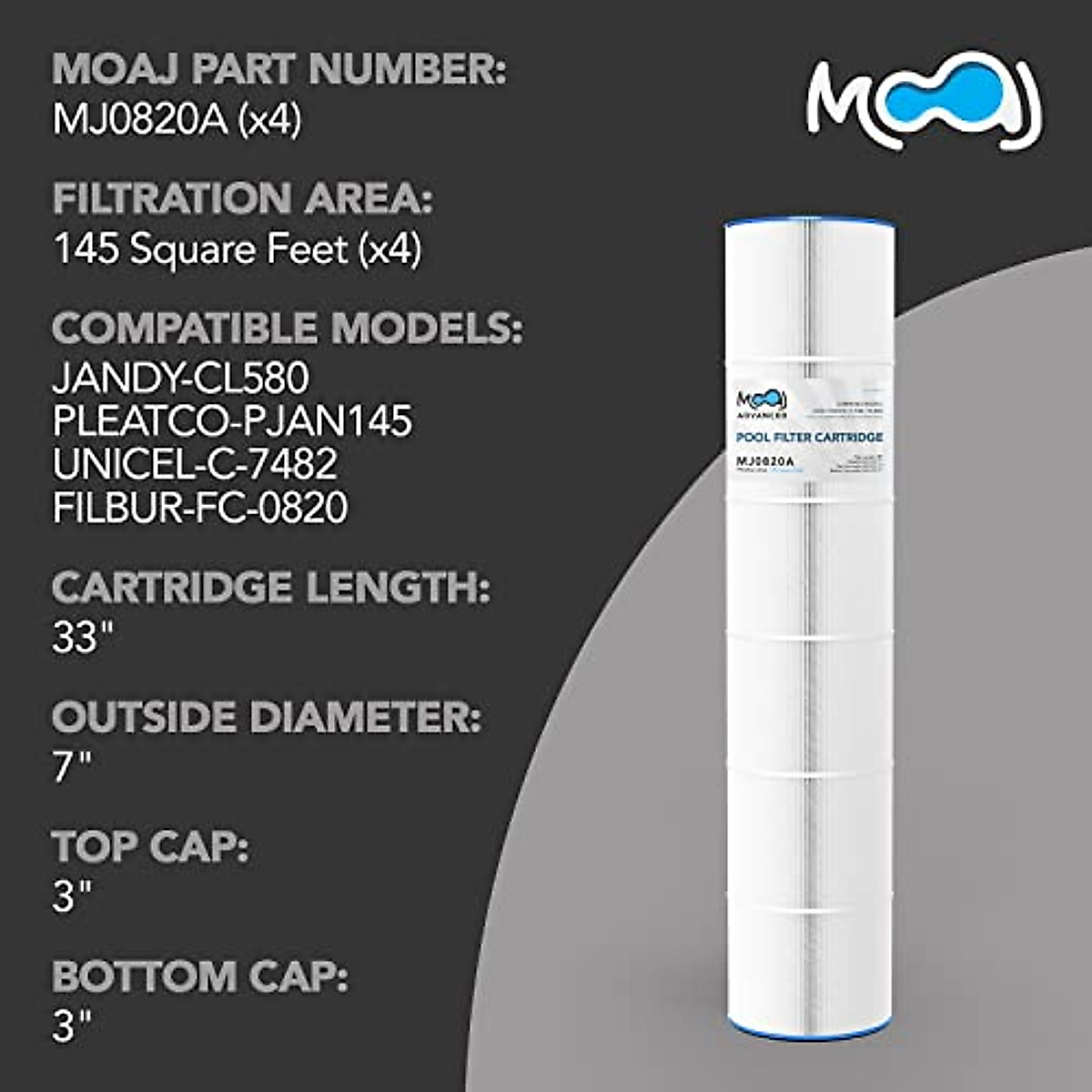 MOAJ Advanced Pool Filter 4-Pack Replaces Jandy CL580, CV580, R0357900, A0104100, PJAN145, PJAN145-PAK4, Filbur FC-0820, Unicel C-7482, 17-175-3610 | 33" x 7" | 145 SQ FT | Washable | Based in USA
